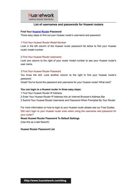 List Of Usernames And Passwords For Huawei Routers Doc