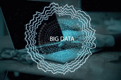 Close Up Of Male Hand Using Laptop Keyboard With Abstract Round Big Data Hologram On Blurry