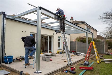Installing Metal Beam During House Extension Stock Illustration
