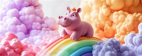 A Cheerful Pink Hippo With A Crown Sits On A Vibrant Rainbow Among