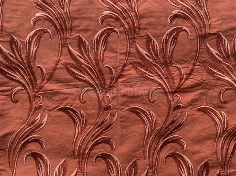 Rust Thread Floral Embroidery On Linear Style On Rust Silk Fabric Stock Image Image Of