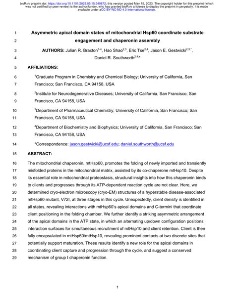 Pdf Asymmetric Apical Domain States Of Mitochondrial Hsp60 Coordinate Substrate Engagement And