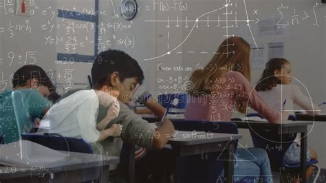 Animation Of Math Graphs Over Class Of Diverse Students At School Stock