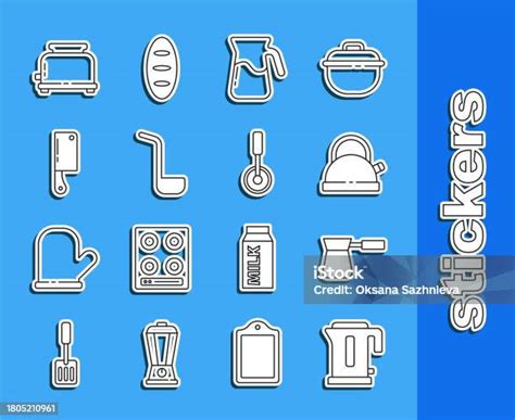 세트 라인 전기 주전자 커피 터크 손잡이가 있는 주전자 주전자 유리 물 주방 국자 고기 다지기 토스터 피자 나이프 아이콘 벡터 가열장치에 대한 스톡 벡터 아트 및 기타