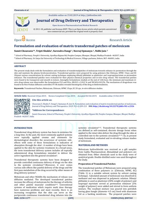Pdf Formulation And Evaluation Of Matrix Transdermal Patches Of Meloxicam