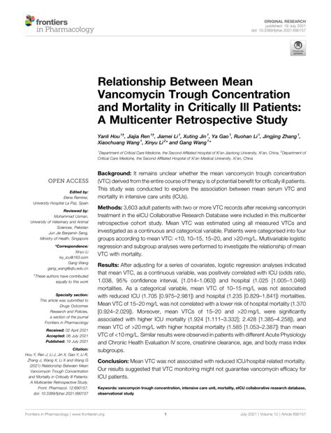 Pdf Relationship Between Mean Vancomycin Trough Concentration And Mortality In Critically Ill