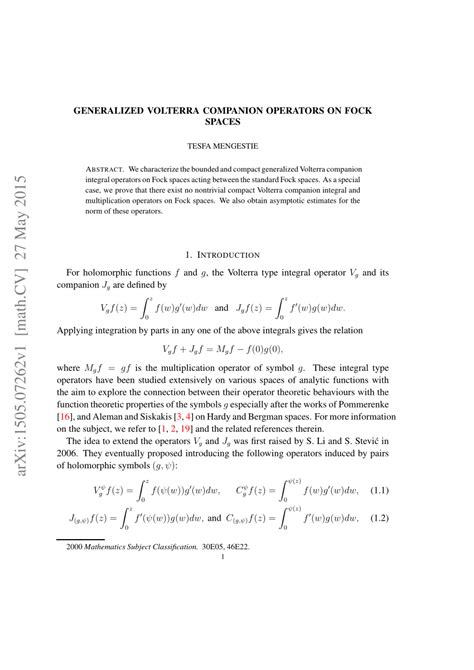Pdf Generalized Volterra Companion Operators On Fock Spaces