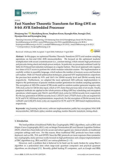 pdf fast number theoretic transform for ring lwe on 8 bit avr
