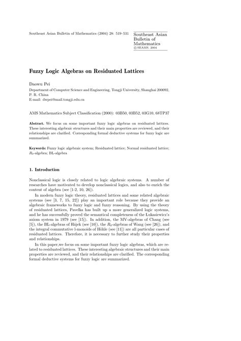 Pdf Fuzzy Logic Algebras On Residuated Lattices