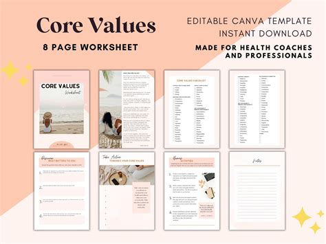 Core Values Worksheet Personal Growth Page Digital Download Health Coaching Canva Template Etsy