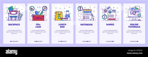 Mobile App Onboarding Screens School Education Backpack Lunch Box Notebook And Test Grades