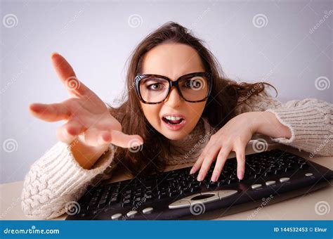 The Funny Nerd Girl Working On Computer Stock Image Image Of Humorous