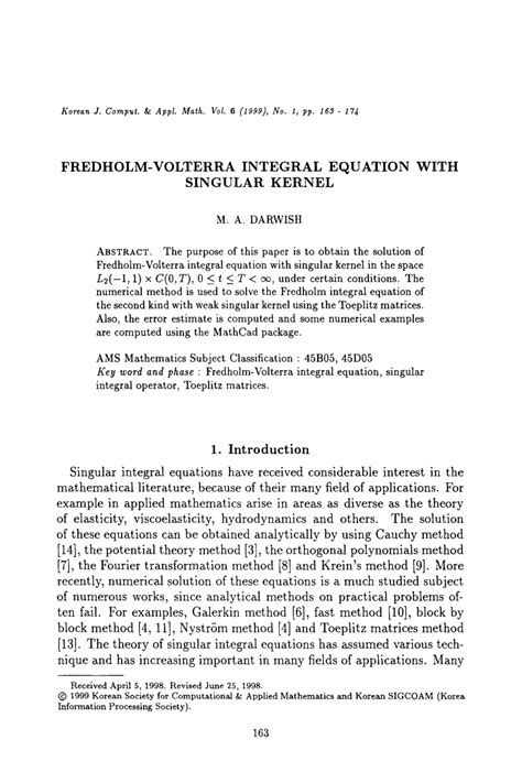 pdf fredholm volterra integral equation with singular kernel