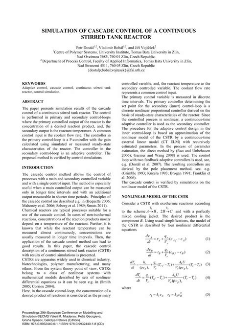 PDF SIMULATION OF CASCADE CONTROL OF A OF CASCADE CONTROL OF A CONTINUOUS STIRRED TANK