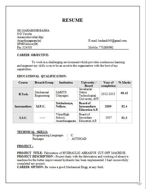 RESUME BLOG CO Resume Sample Of B Tech Mechanical Engineering Having Years Of Exp