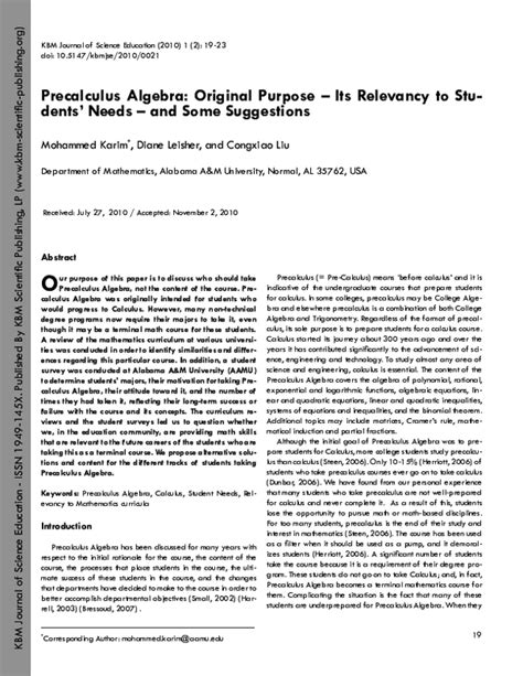 Pdf Precalculus Algebra Original Purpose Its Relevancy To Stu¬dents Needs And Some