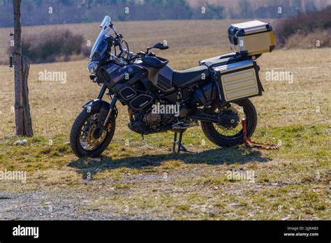 A Parked Yamaha XT Z Motorcycle With Side Cases On The Edge Of The Meadow Stock Photo Alamy