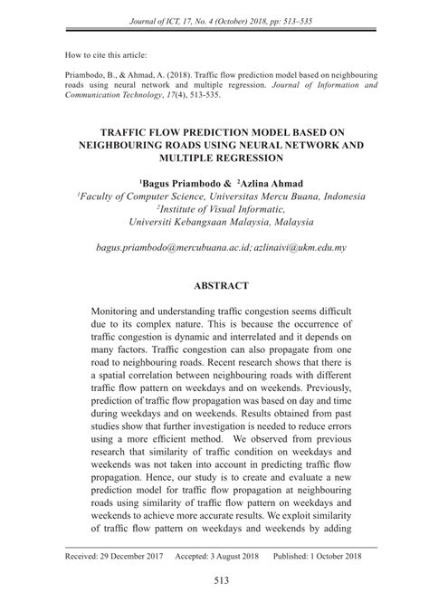 PDF TRAFFIC FLOW PREDICTION MODEL BASED ON NEIGHBOURING ROADS USING NEURAL NETWORK AND