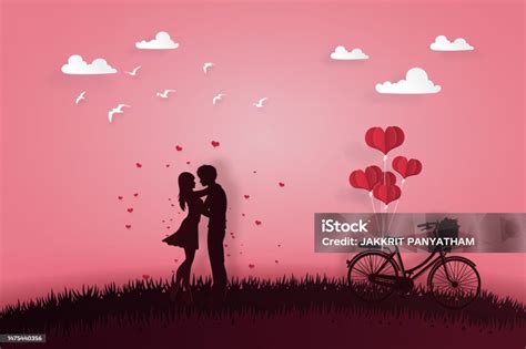 종이 접기 풍선 하트 새 구름 자전거를 배경으로 초원에서 껴안고 있는 연인 발렌타인 종이 예술 컨셉트 결혼식에 대한 스톡 벡터 아트 및 기타 이미지 Istock
