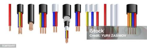 다양 한 종류의 전원 전선 도체와 음향 케이블 전체 시스 현실적인 설정 벡터 일러스트와 함께 개최 차폐 및 추가 절연 건설 프레임에 대한 스톡 벡터 아트 및 기타 이미지