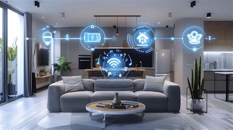 Premium Photo Futuristic Smart Home In Modern Living Room With Tech Icons To Showcase The