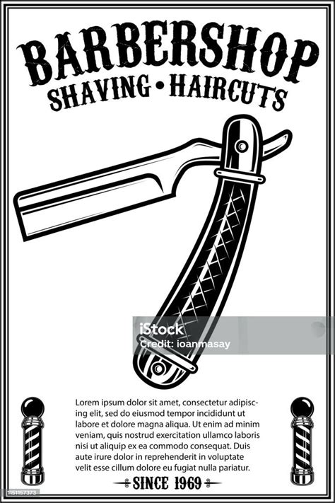 레트로 스타일 면도기와 이발소 포스터 템플릿입니다 포스터 카드 배너 상징 기호에 대 한 디자인 요소입니다 벡터 일러스트 고풍스런에 대한 스톡 벡터 아트 및 기타 이미지