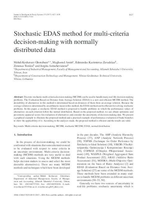 Pdf Stochastic Edas Method For Multi Criteria Decision Making With Normally Distributed Data