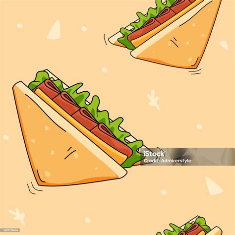원활한 샌드위치 삼각형 샌드위치 아침 식사 음식 야채 치즈 고기 베이컨 햄 롤빵 배경 패턴 포스터 벽지 포장지 벡터 그림 샌드위치 음식에 대한 스톡 벡터 아트 및 기타