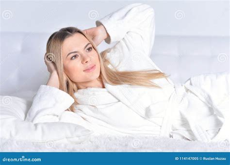 Beautiful Blonde Girl Lying On Bed Stock Image Image Of Habitation