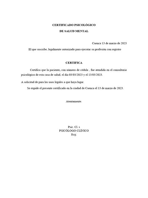 Ejemplo De Certificado De Salud Mental Pdf