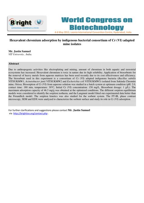 Pdf Hexavalent Chromium Adsorption By Indigenous Bacterial Consortium