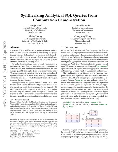 Pdf Synthesizing Analytical Sql Queries From Computation Demonstration