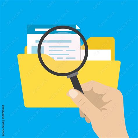 Folder With Documents And Cartoon Hand Holding Magnifying Glass Files Search File Manager