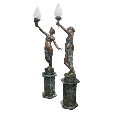 Pair Of Neoclassical Patinated Bronze Nymphs Sculptures Torchere Lamps