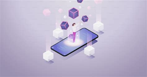 여자는 스마트폰 위에 서서 블록체인 기술을 경험한다 미래 기술 개념 블록 체인 암호 해독 아이소메트릭 벡터 그림입니다 벡터 Unsplash의 금융 및 경제 이미지