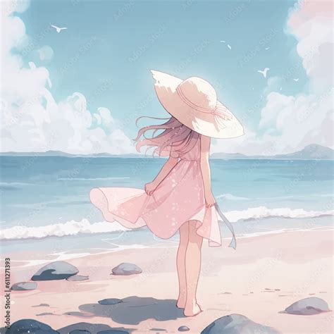 Cute Anime Style Girl Relaxing On The Beach Generated Ai Stock Vector