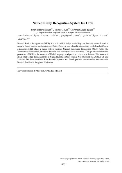 Pdf Named Entity Recognition System For Urdu Gurpreet Singh Lehal