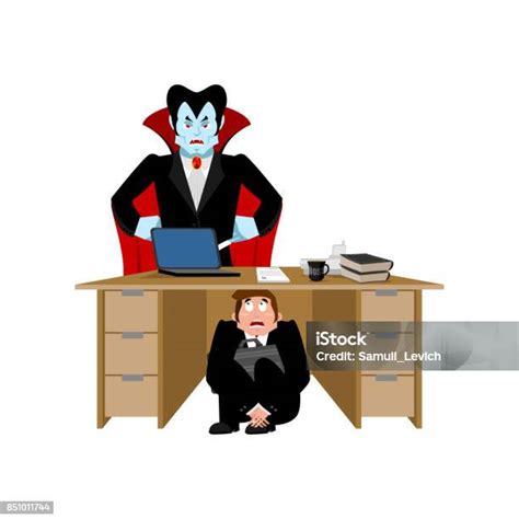 사업가 드라큘라 뱀파이어의 테이블 아래 무서 워 하지 로부터 숨길 피를 마시는 작업 보드에서 두려워 비즈니스 사람입니다 보스 두려움 사무실 책상입니다 벡터 일러스트 레이 션