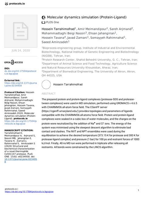 Pdf Molecular Dynamics Simulation Protein Ligand V1