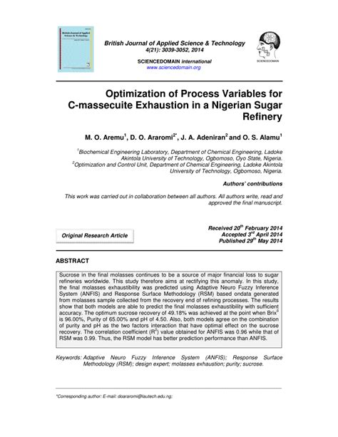 Pdf Optimization Of Process Variables For C Massecuite Exhaustion In A Nigerian Sugar Refinery