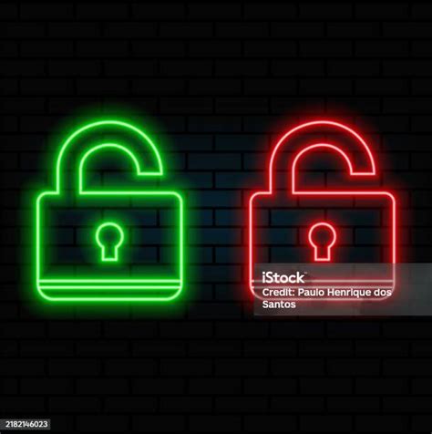 녹색과 파란색 네온 색상 백라운드 그린의 열린 자물쇠 라인 아이콘의 평평한 부드러운 벽에 네온 사인의 네온 3d 이미지 0명에 대한 스톡 벡터 아트 및 기타 이미지 Istock