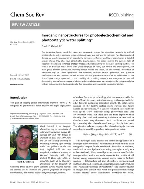 Pdf Cheminform Abstract Inorganic Nanostructures For Photoelectrochemical And Photocatalytic