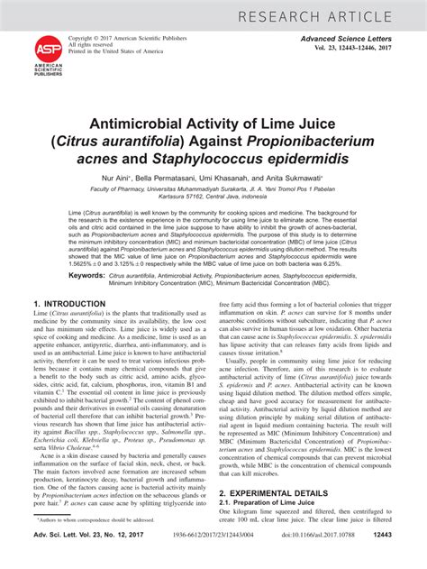 Pdf Antimicrobial Activity Of Lime Juice Citrus Aurantifolia Against Propionibacterium