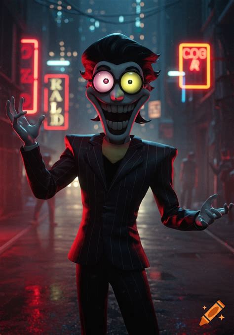 A Creepy Stylized Character With A Wide Grin And Large Glowing Mismatched Eyes Stands In A