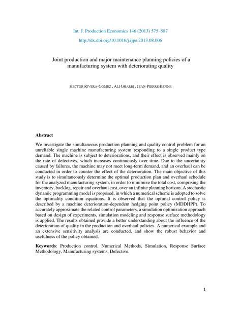 Pdf Joint Production And Major Maintenance Planning Policy Of A Manufacturing System With