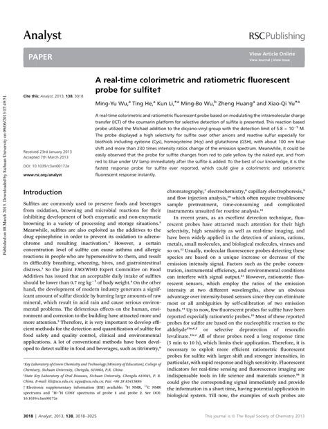 Pdf A Real Time Colorimetric And Ratiometric Fluorescent Probe For