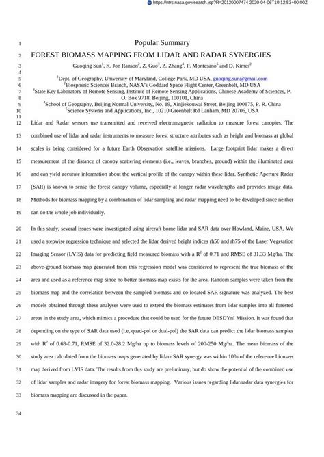Pdf Popular Summary Forest Biomass Mapping From Lidar Synthetic Aperture Radar 17 Sar Is