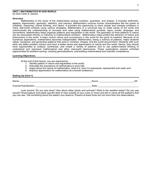 unit 1 mathematics in our world pdf pattern teaching mathematics