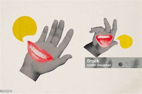 사진 콜라주 캐리커처 그림 인간의 팔 신체 부위 파편 손바닥 이빨 입 서로 의사 소통 인용문 연설 0명에 대한 스톡 사진 및 기타 이미지 Istock