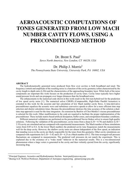 Pdf Aeroacoustic Computations Of Tones Generated From Low Mach Number Cavity Flows Using A